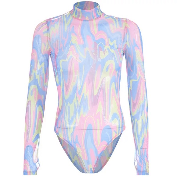 Tops | Colorful Trippy Long Sleeve Sheer Bodysuit | Poshmark